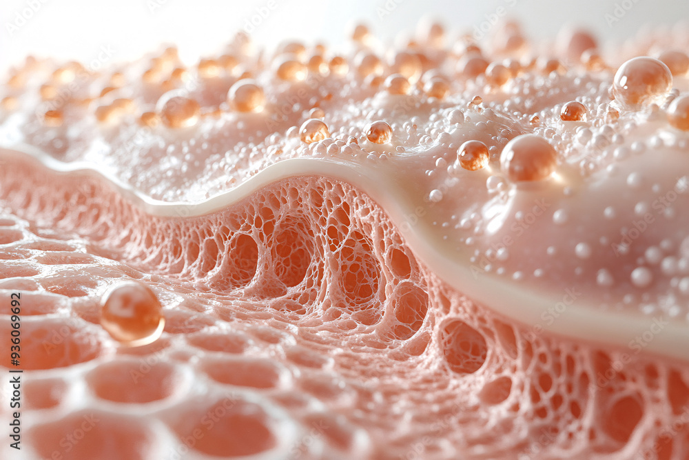 Ilustrace Skin layer model featuring collagen fibers and vitamins, with ...