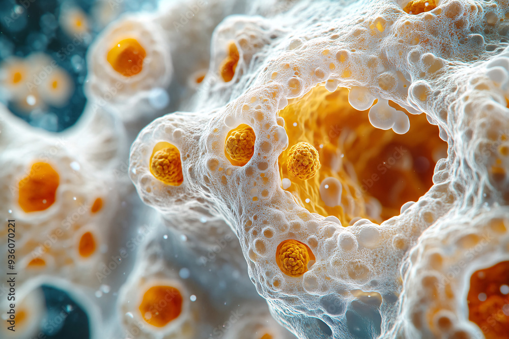 Illustration of skin cells with a focus on the collagen matrix and ...