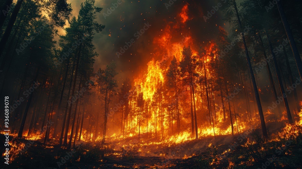 A massive wildfire engulfs a dense forest, with towering flames and thick smoke, depicting the ...
