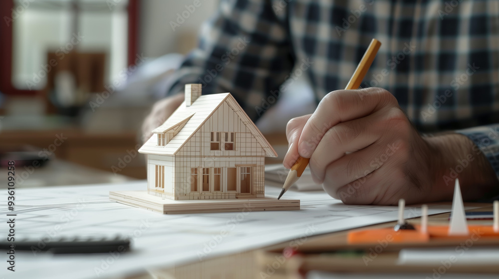 An architect works on a detailed scale model of a modern house ...