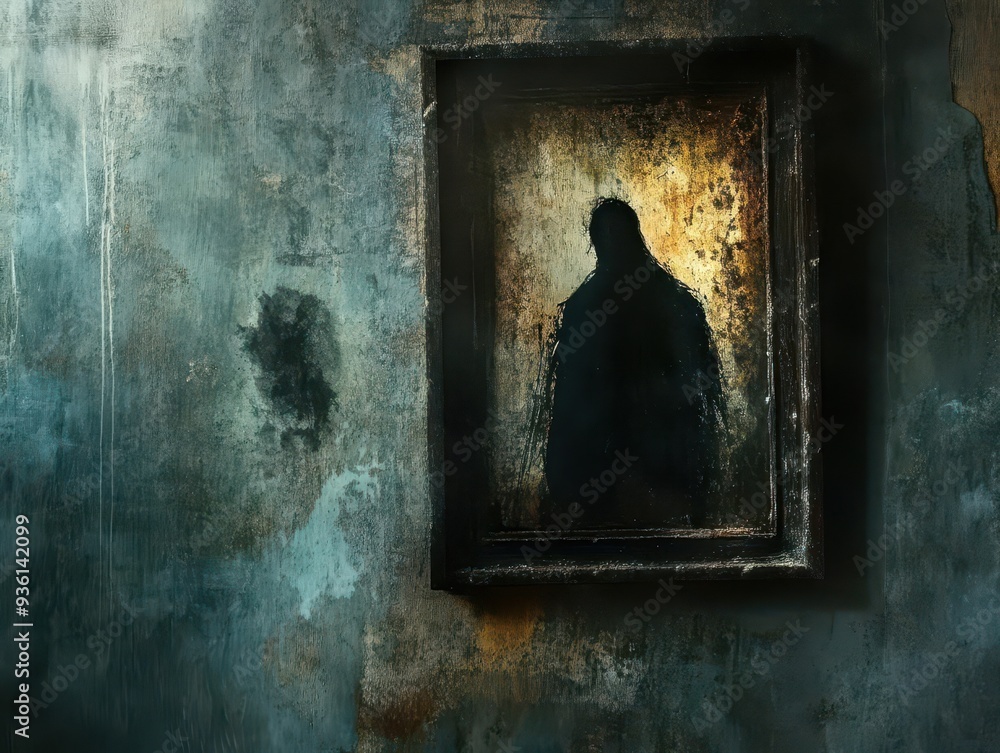 Spooky art of a ghostly figure, captured in an old, dusty frame, adding ...