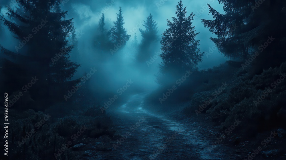 Spooky fog rolling through a dark forest, obscuring the path ahead ...