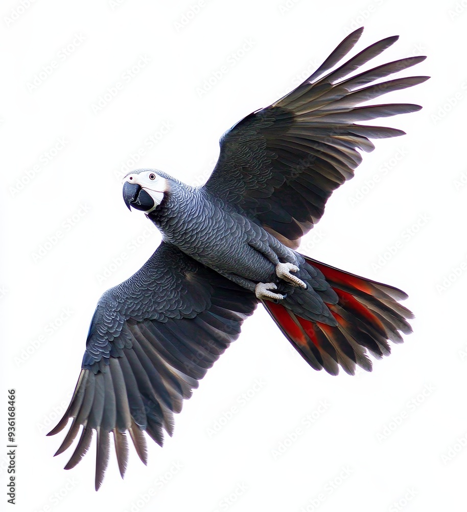 An african grey parrot in flight over white on a transparent background ...