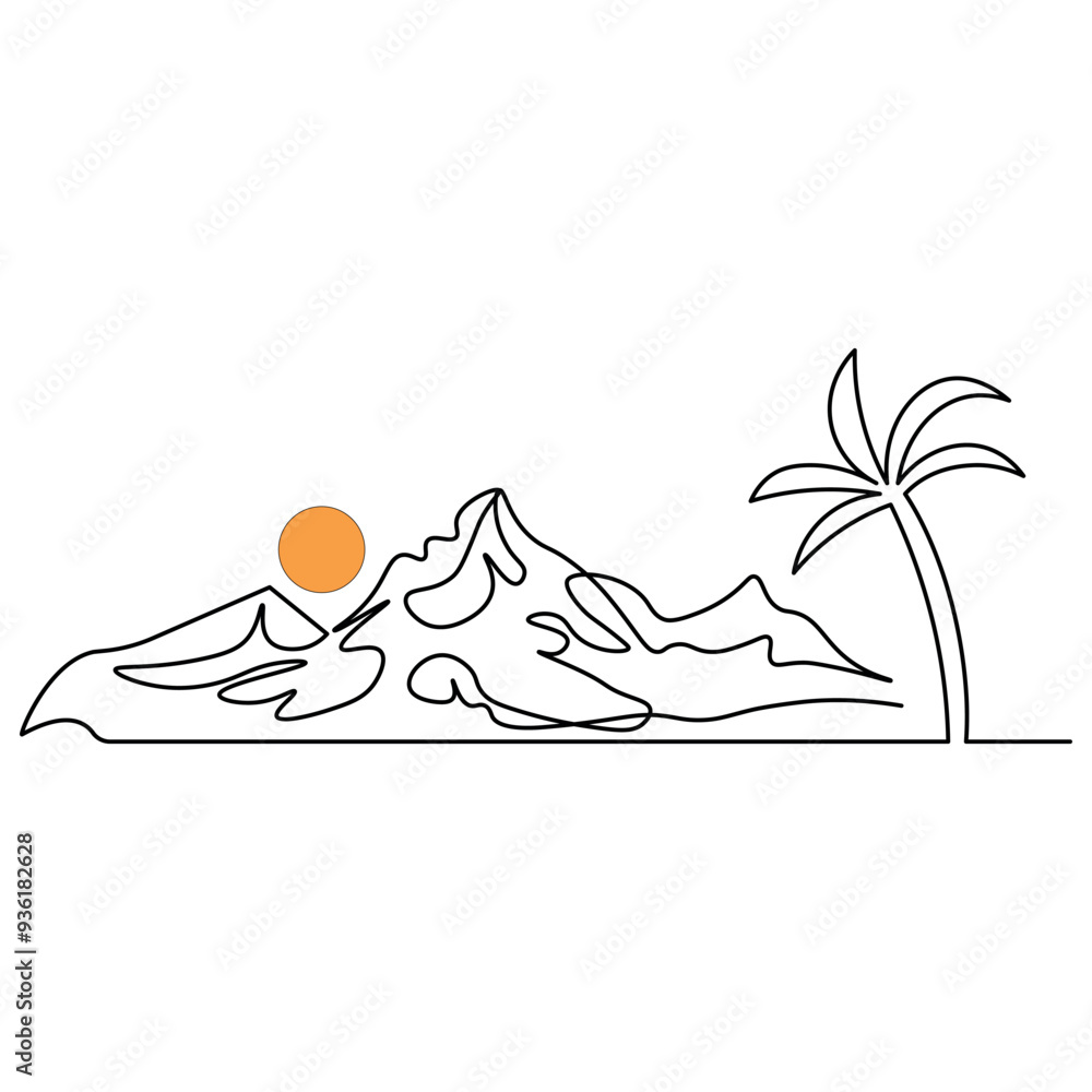Mountain single line art, continuous one line drawing of Isolated ...
