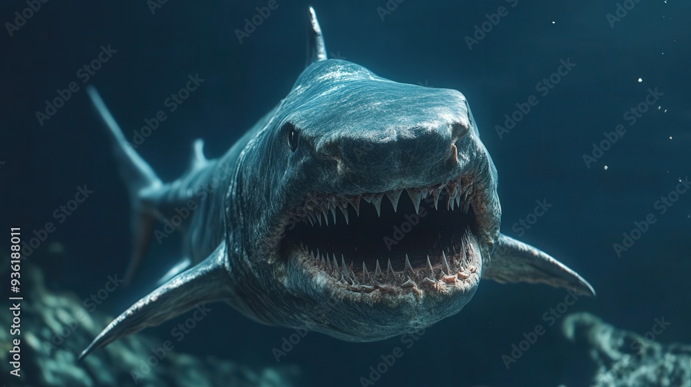 Foto de Stock 4K Realistic Goblin shark with protruding jaws, deep sea ambush attack, | Adobe Stock