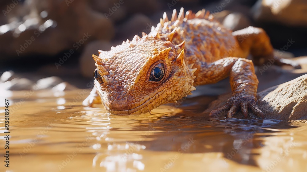 4K Realistic Thorny devil lizard drinking water through skin, desert ...