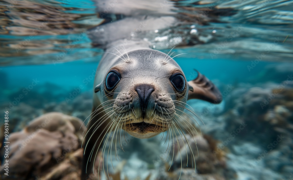 Curious seal underwater, exploring its aquatic environment with playful ...