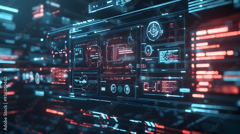 7. A futuristic network interface with floating icons and holographic ...