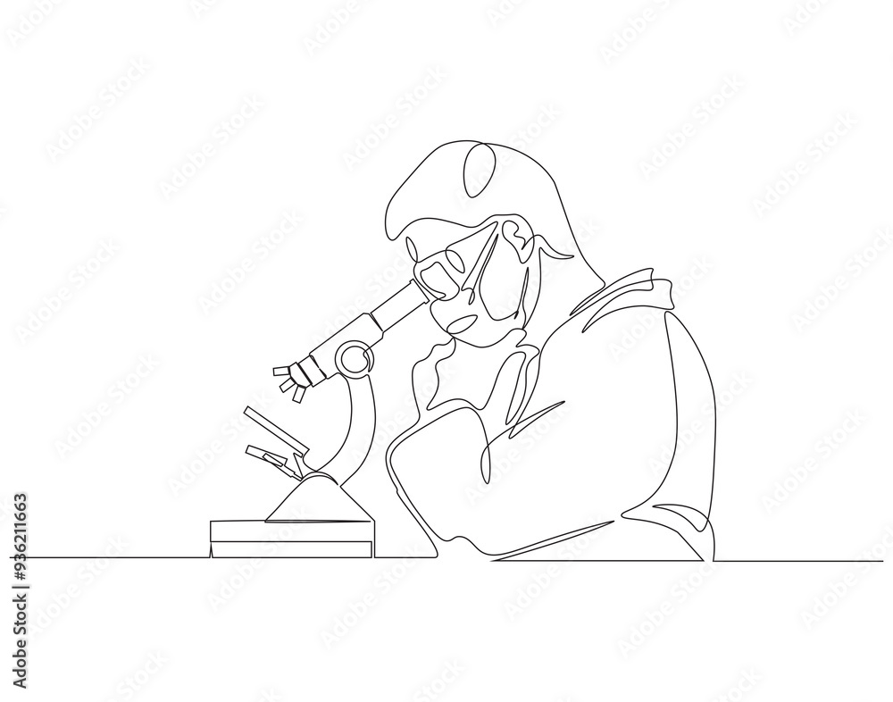 Continuous one line drawing of scientist using microscope in laboratory ...