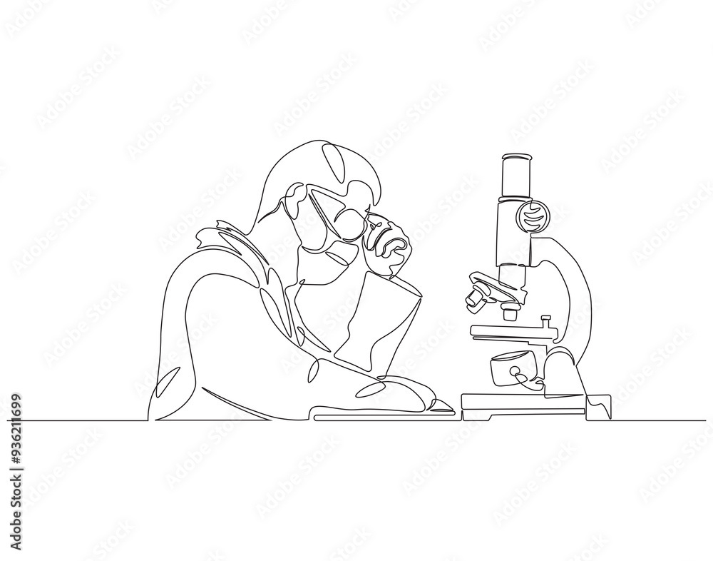 Continuous one line drawing of scientist using microscope in laboratory ...