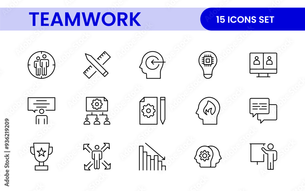 Teamwork linear icons collection. Set of coworking space icons ...