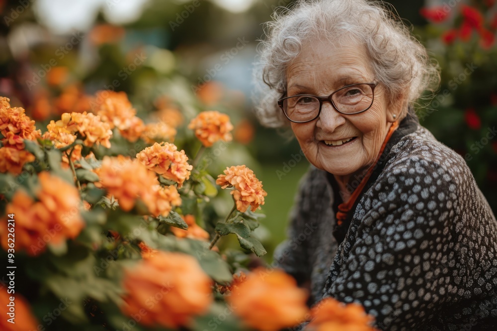 Senior Blossoms. Elderly woman smiling near orange flowers garden natu ...