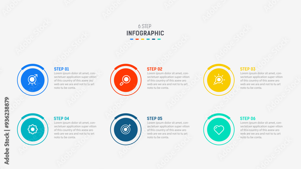 Business infographics design for Six Step, option, parts or process. Infographic 6 element ...