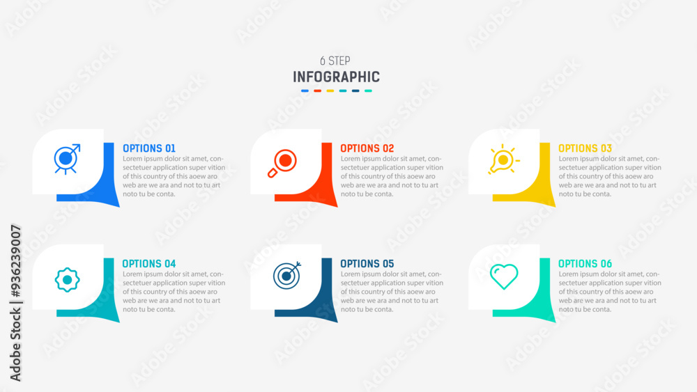 Business infographics design for Six Step, option, parts or process. Infographic 6 element ...