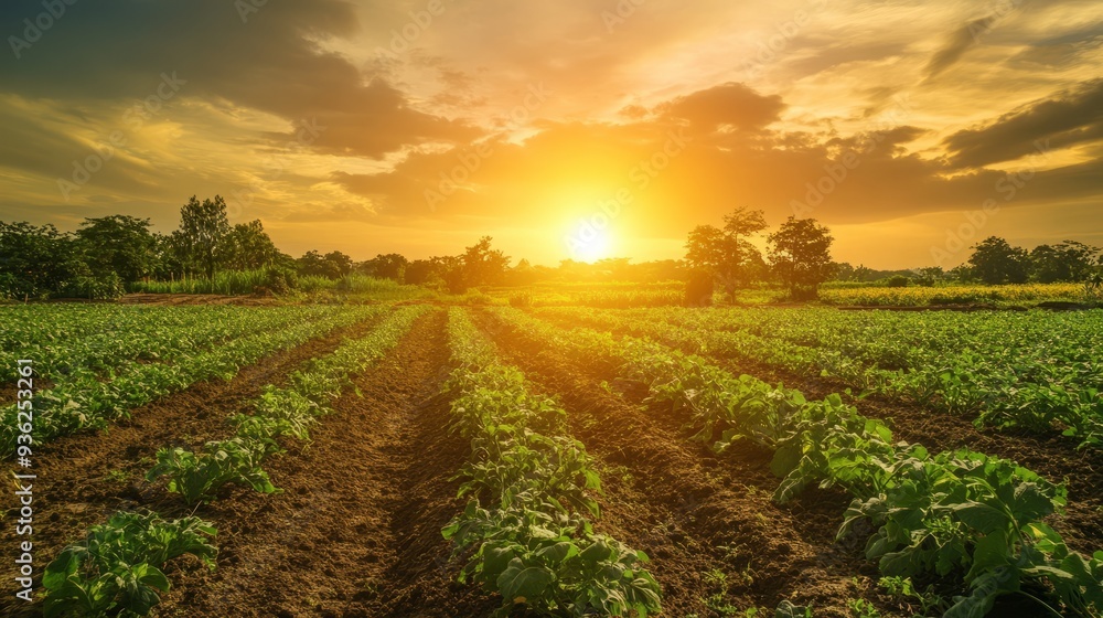 beautiful view in a green farm field with rows of rural plants and ...