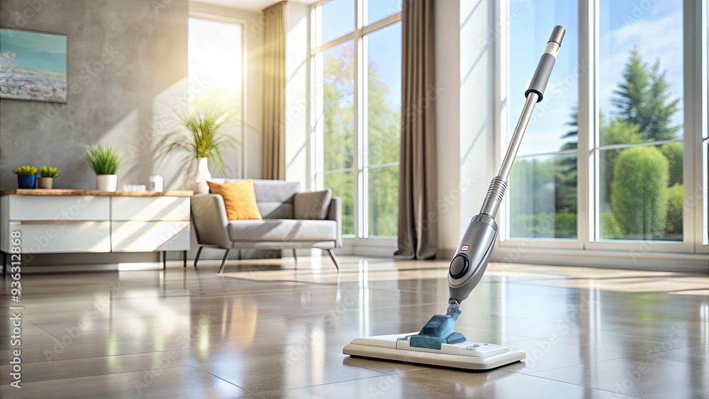 A modern steam mop with a sleek design and adjustable handle stands ...