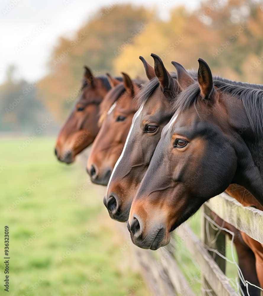 Lineup of horses, horses putting their heads together on a field behind ...