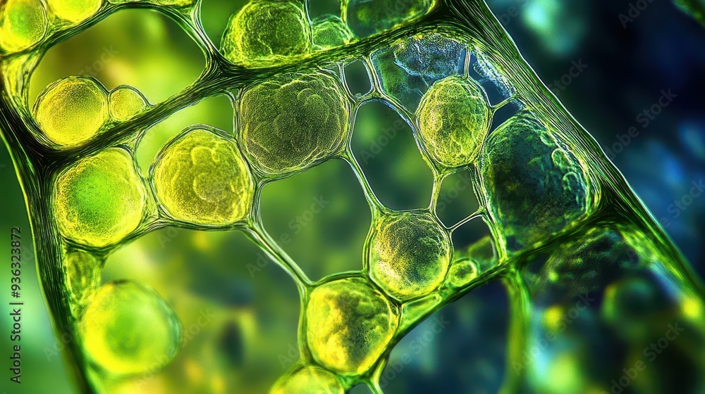 Photosynthesis process in chloroplasts under a microscope, highlighting the thylakoid membranes ...
