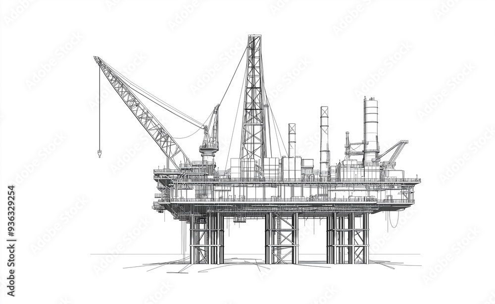 Offshore oil rig standing on the sea drawing Stock Illustration | Adobe ...