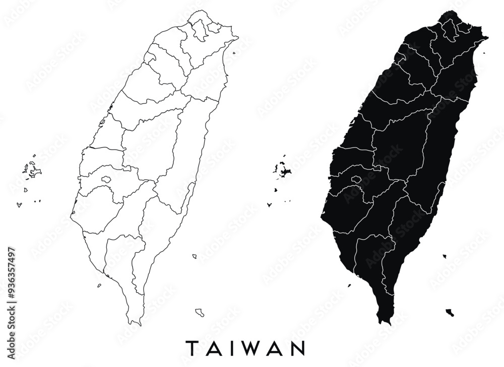 Taiwan map of regions districts vector black on white and outline Stock ...