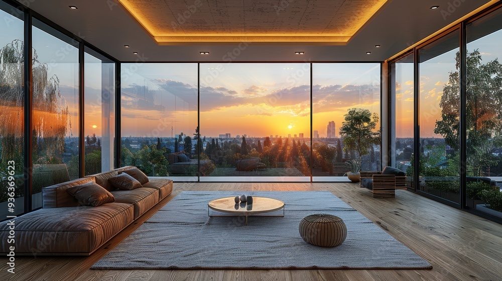 Breathtaking sunset view from a modern living room with large glass ...