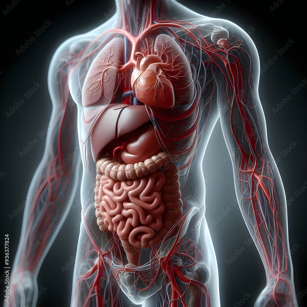 Biomedical illustration showing human internal organs with heart, liver ...