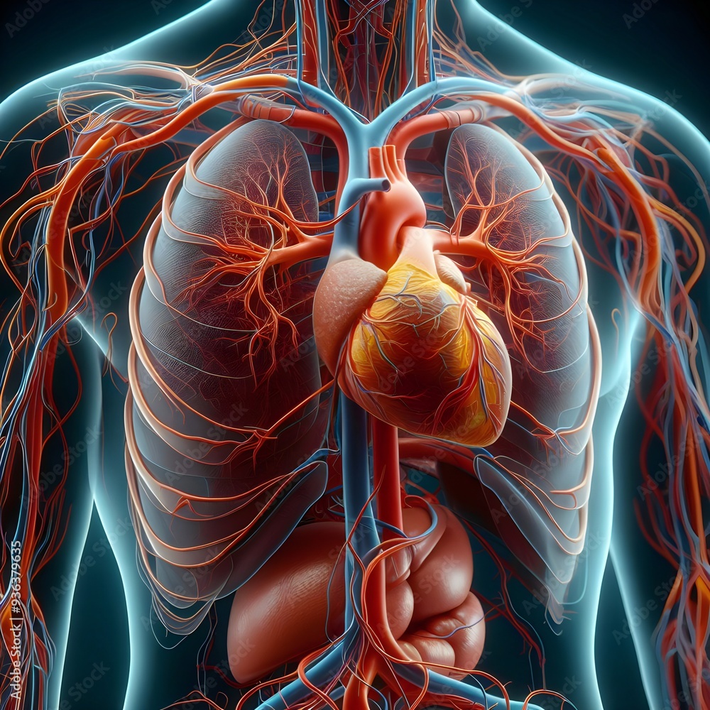 Biomedical illustration showing human internal organs with heart, liver ...
