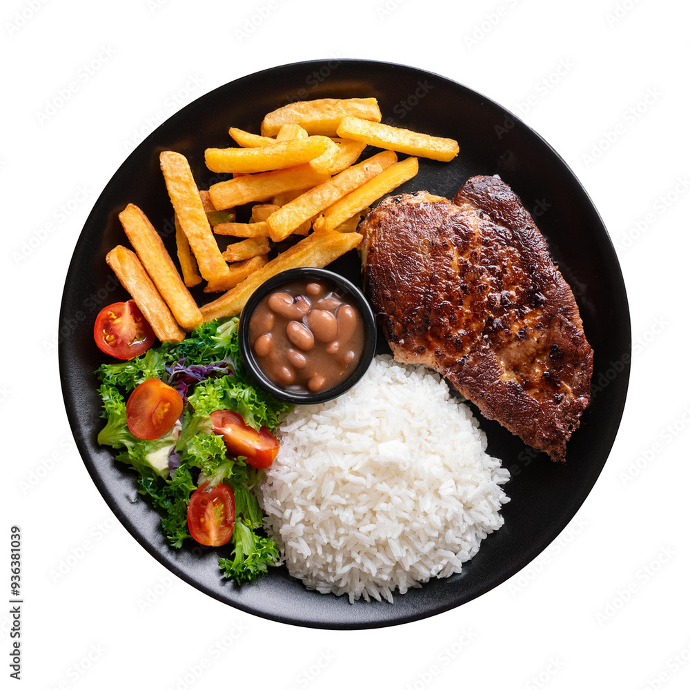 Brazilian food, rice, beans, French fries, steak on black plate ...