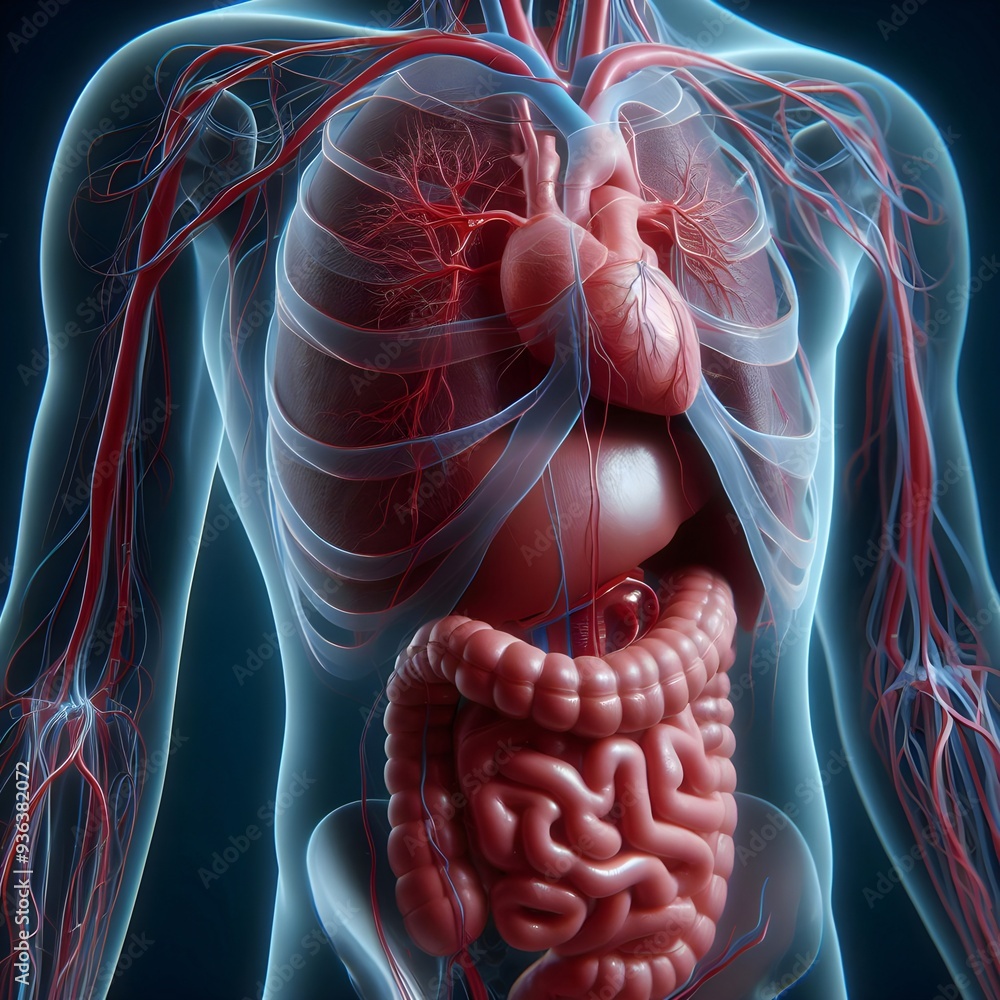 Biomedical illustration showing human internal organs with heart, liver ...