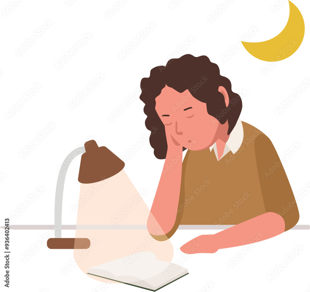 Young girl sleeping, slumbering or dozing while reading book or ...