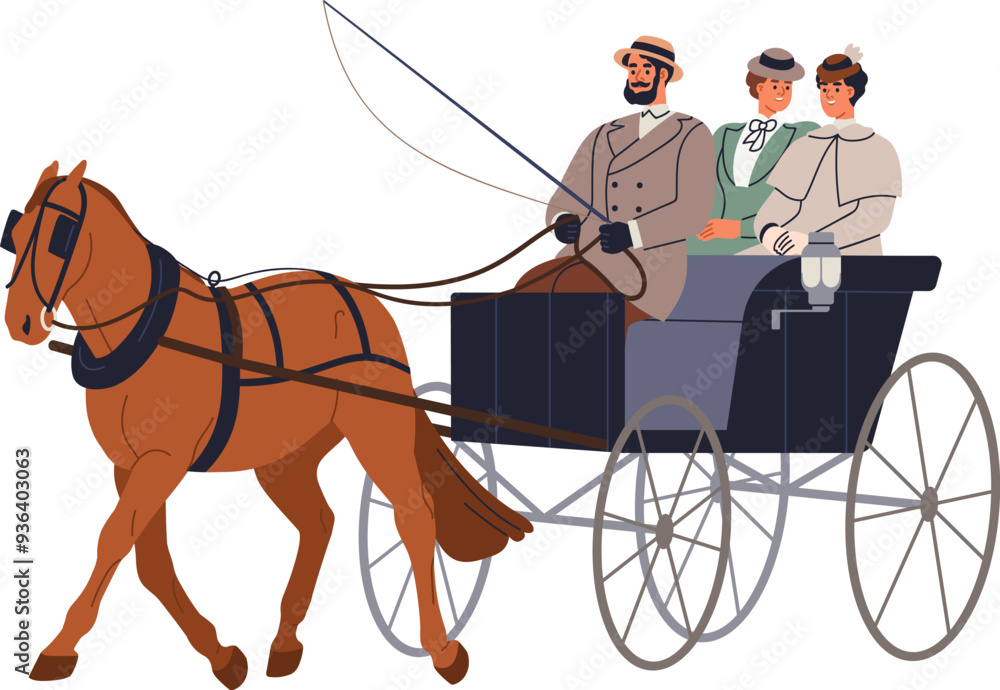 Vintage horse carriage. Coachman and ladies in 19th century chariot ...