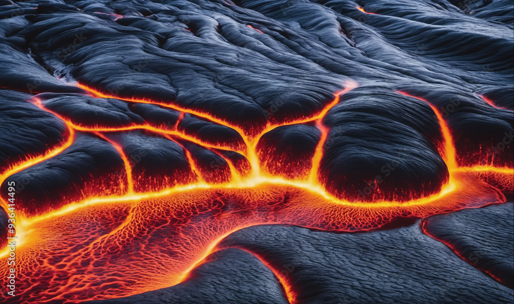 Molten lava flows across the surface of a volcanic field in Iceland ...