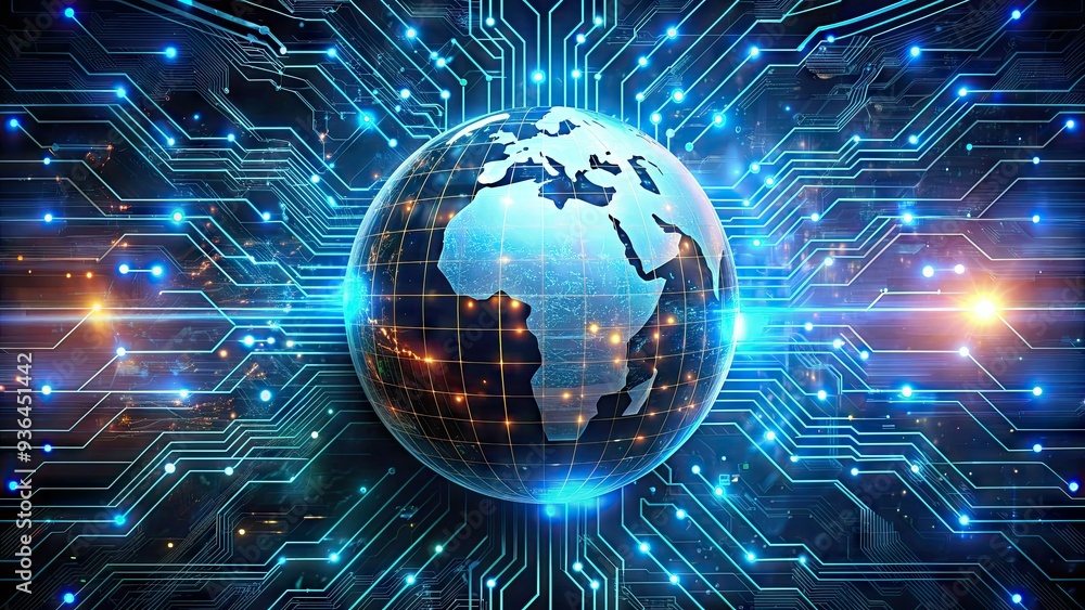 Digital globe surrounded by glowing circuits and wires, with binary code streaming across ...