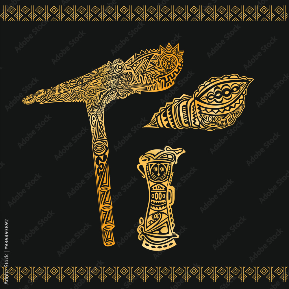 Stone Axe, Cone Shell and Kind Drum in Tribal Design_Papua New Guinea ...