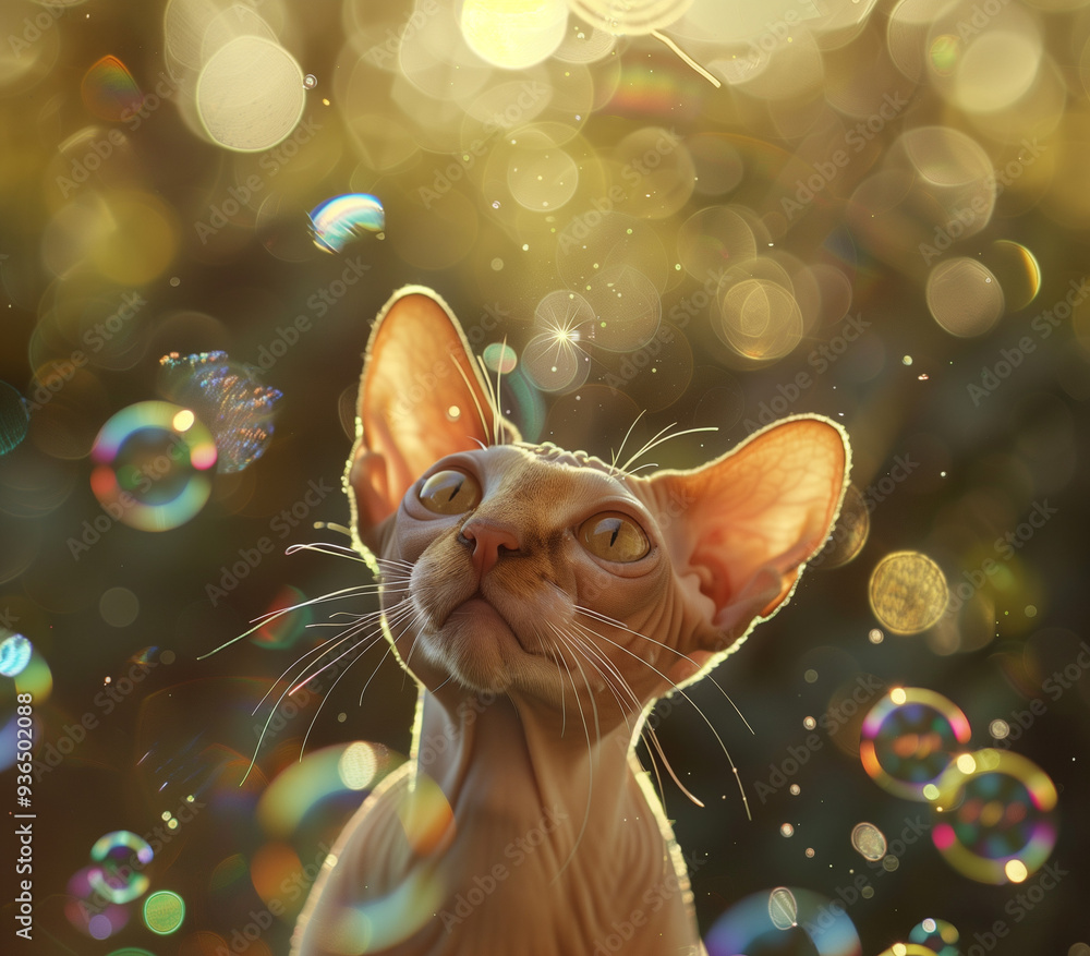 Sphynx Cat with Glowing Bubbles in Golden Light, Enchanting and Dreamy ...