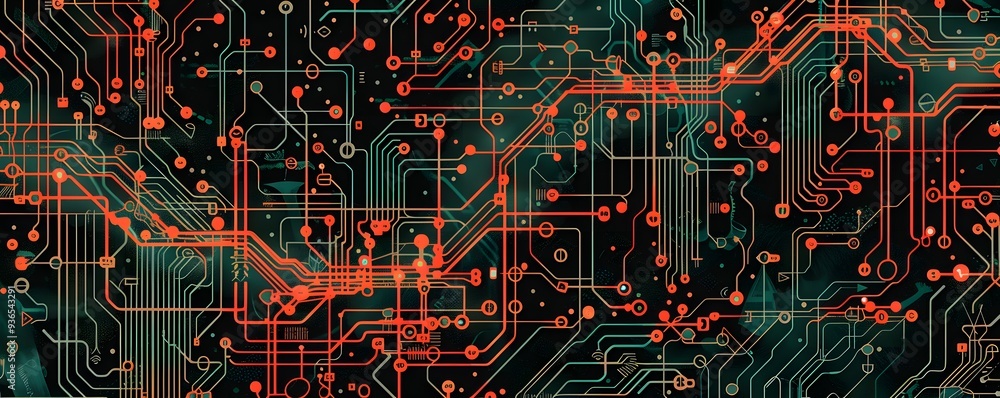 Abstract digital circuit board with red electrical pathways and green ...