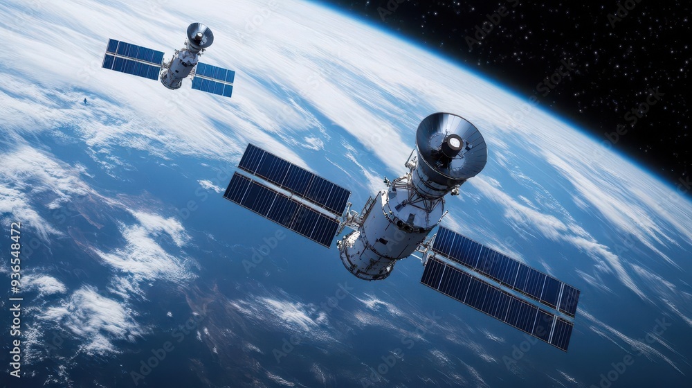 Space defense satellites in geostationary orbit, providing a shield ...