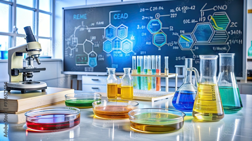 Laboratory workstation cluttered with various scientific equipment ...