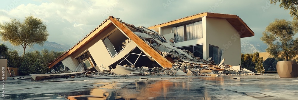 collapsed house after a strong earthquake. Collapsed roof, Roof fallen ...