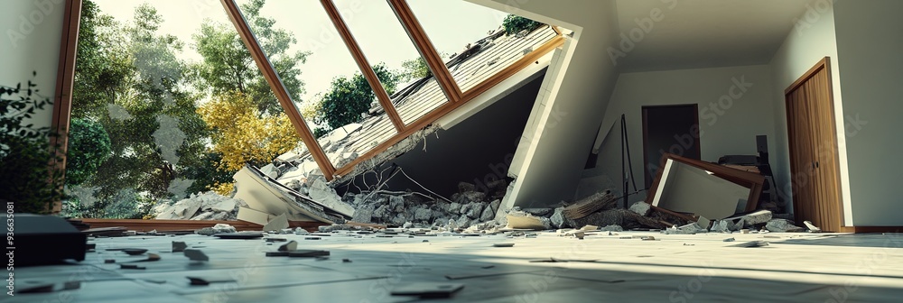 collapsed house after a strong earthquake. Collapsed roof, Roof fallen ...