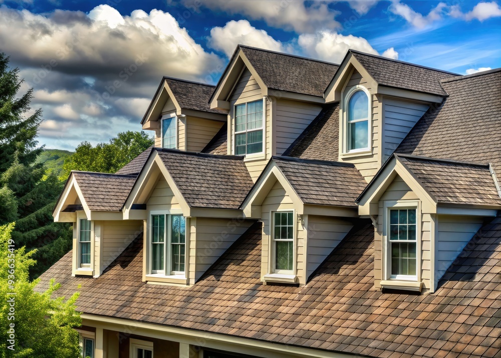 Residential rooftop features asphalt shingles, dormer window, attic ...