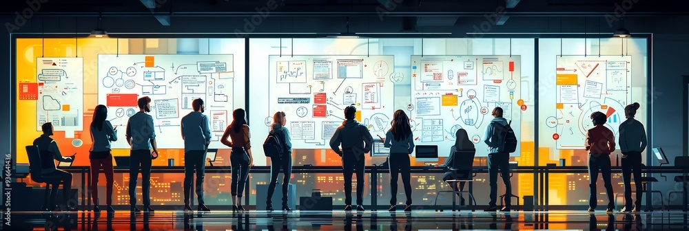 Vector depiction of brainstorming session hightech innovation lab where ...