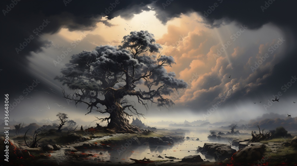 Vector depiction of single tree standing tall the midst of a storm ...