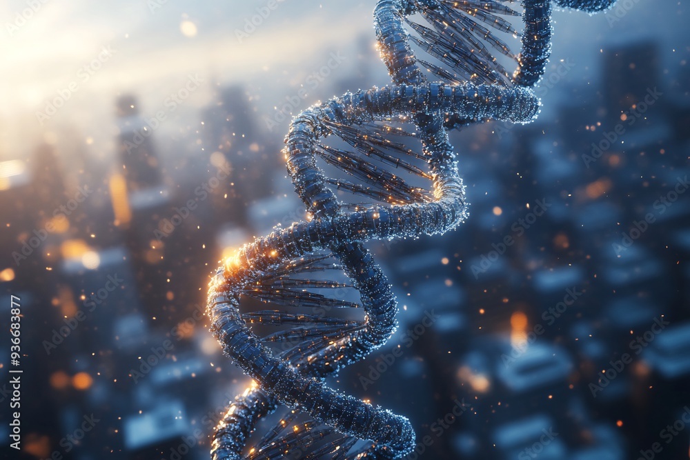 Abstract illustration of DNA helix transforming into series of ...