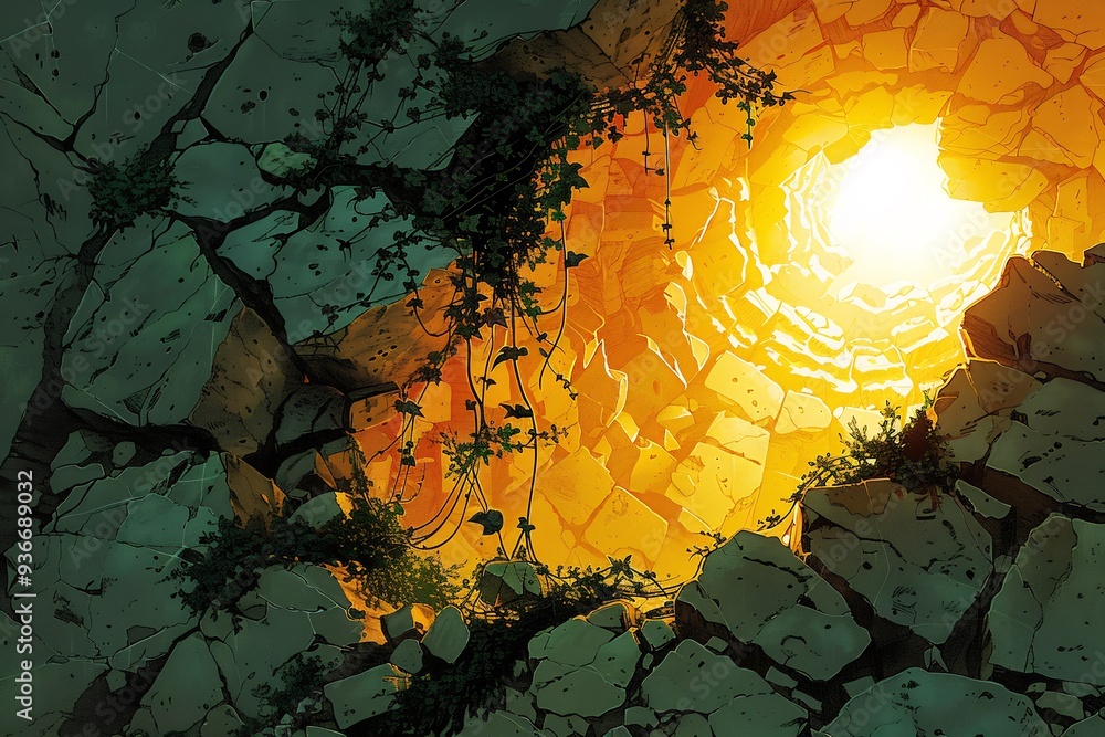 Abstract illustration of vine climb up crumbling ancient monument where ...