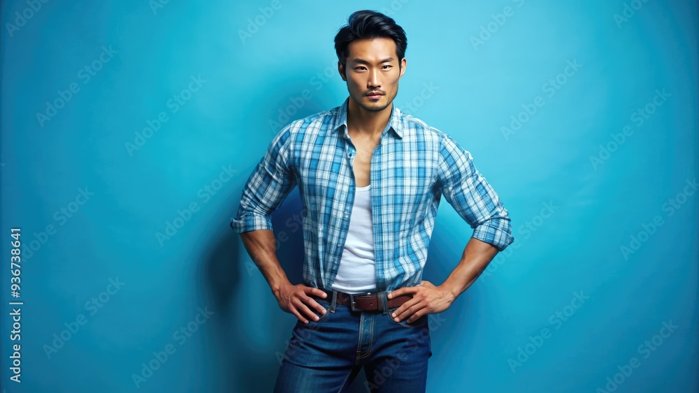 Stylish Asian male model with fit physique confidently stands with ...