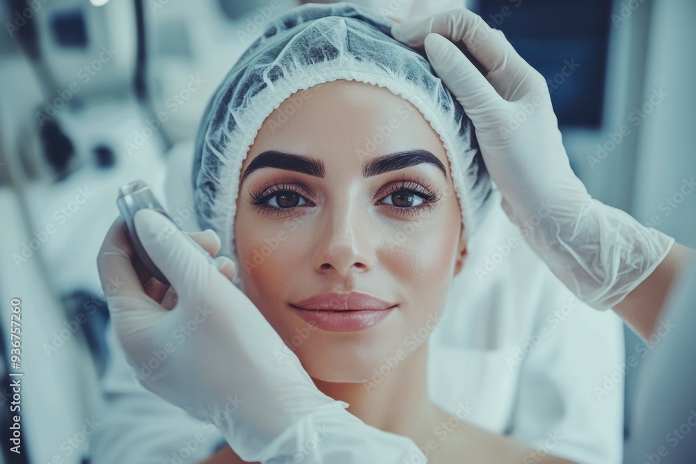 Cosmetic surgeon examining female client in office. Doctor checking ...