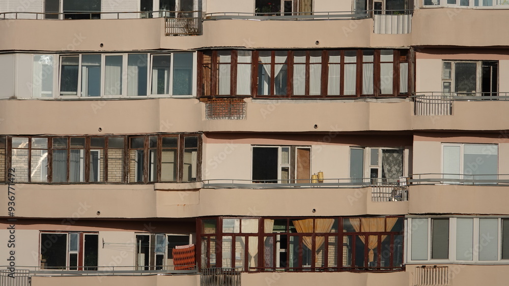 Soviet architecture. A typical Soviet apartment building with balconies ...