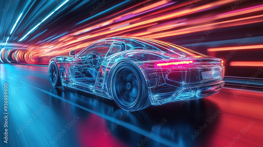 3D Electric Car Driving at High Speed, Racing Through Colorful Tunnels ...