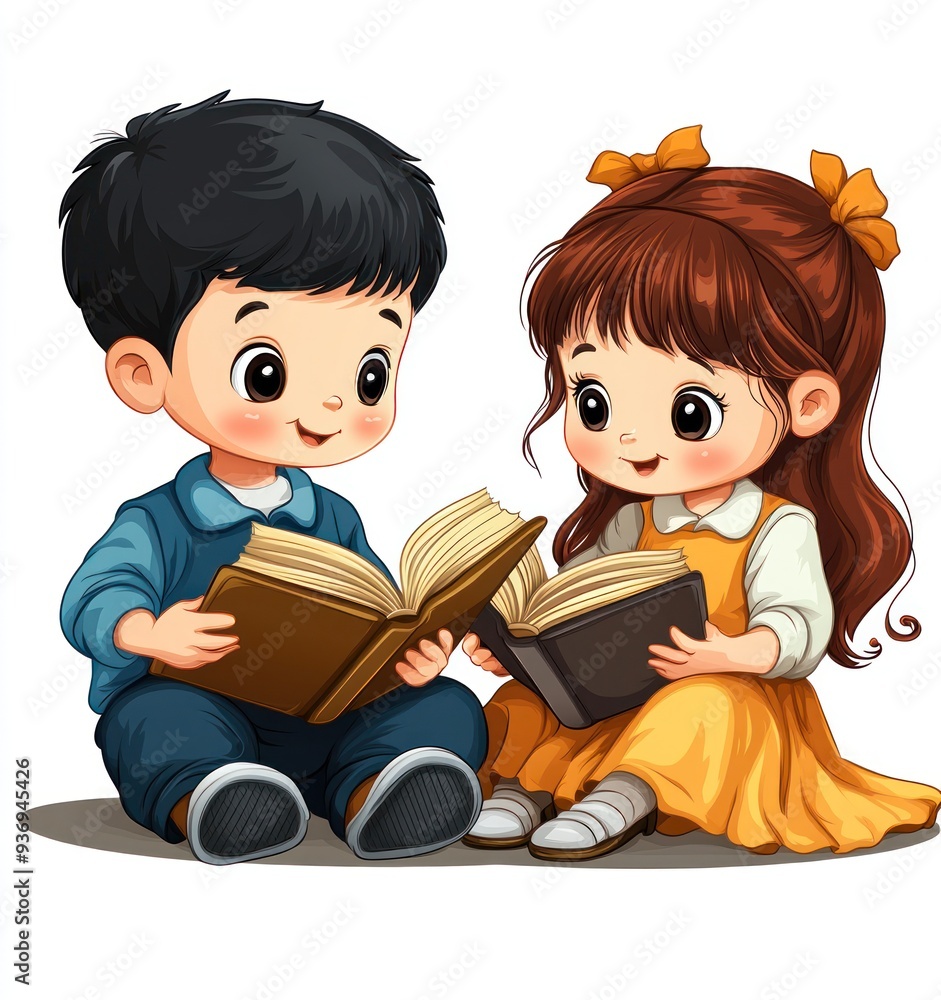 Cartoon Illustration of Boy and Girl Reading Books Together Stock ...